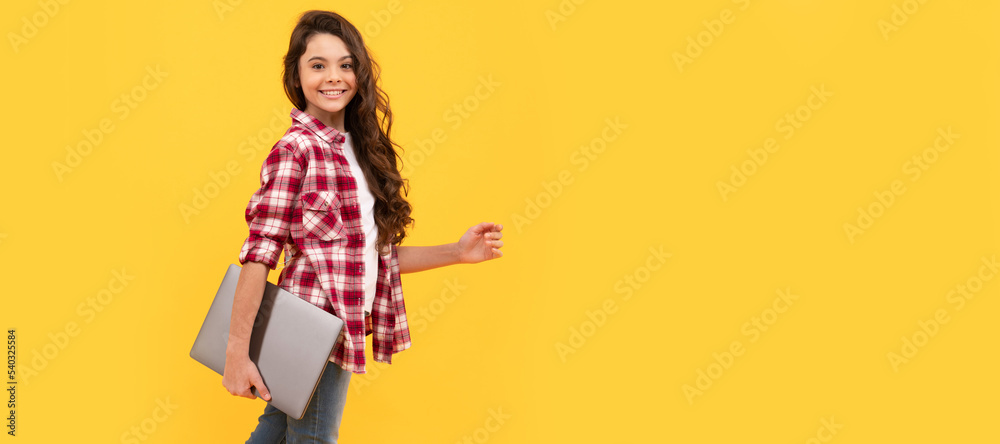 A next-level school. Happy girl child carry laptop. E-learning course ...