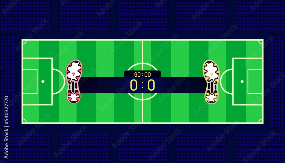 Vector of a soccer field with football boots showing their team and ...