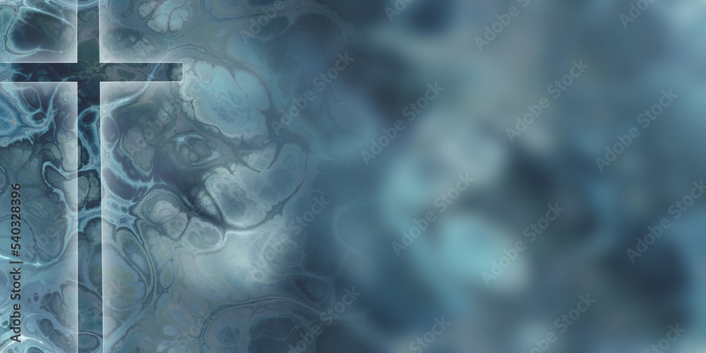 blue cross on marbled background with blur and space for text like ...