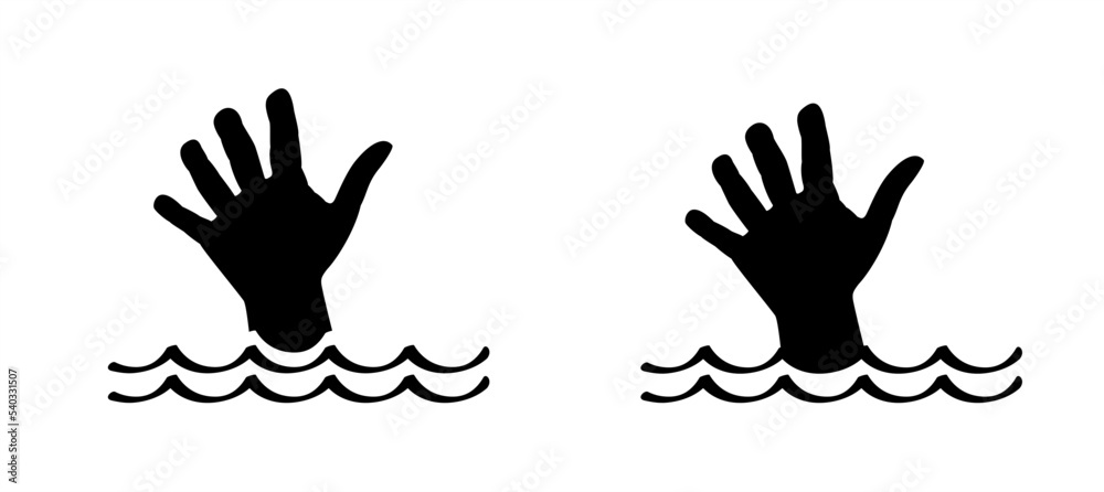 Cartoon man or woman to to sink in to the water. Stickman and two hands ...