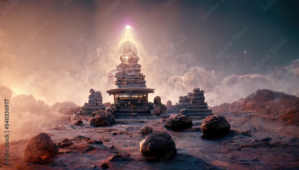 Ancient space architecture. Dark night fantasy landscape, light portal ...