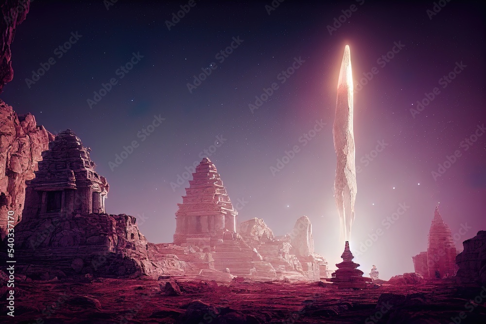 Ancient space architecture. Dark night fantasy landscape, light portal ...