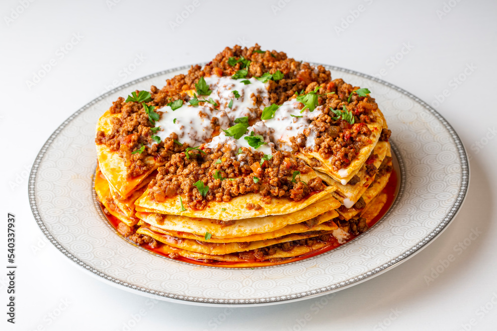 Turkish Food Kayseri Yaglama with Minced Meat, Yogurt and Tomato Paste ...