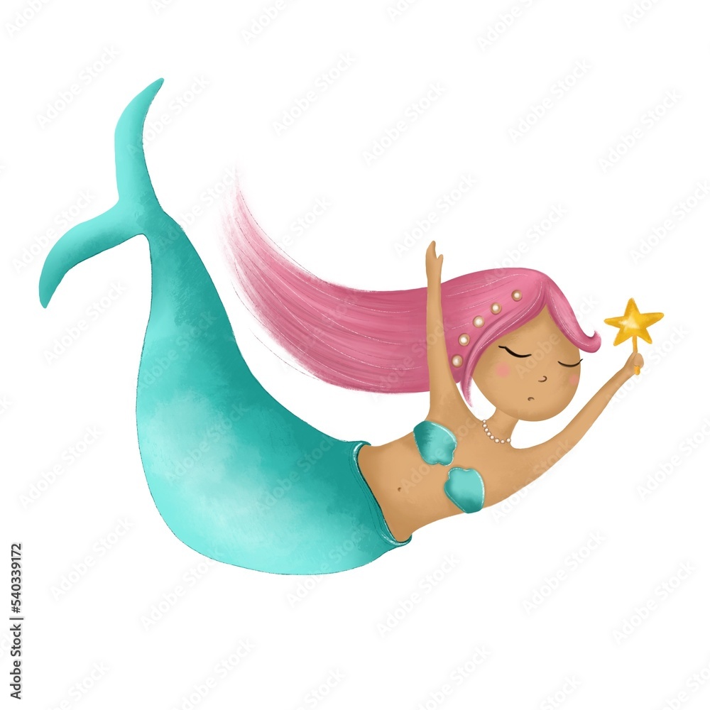 Mermaid with pink hair and a Tiffany-colored tail and a New Year star ...
