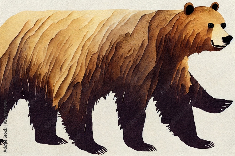 Brown bear walking in front isolated on white background. Hand drawing ...