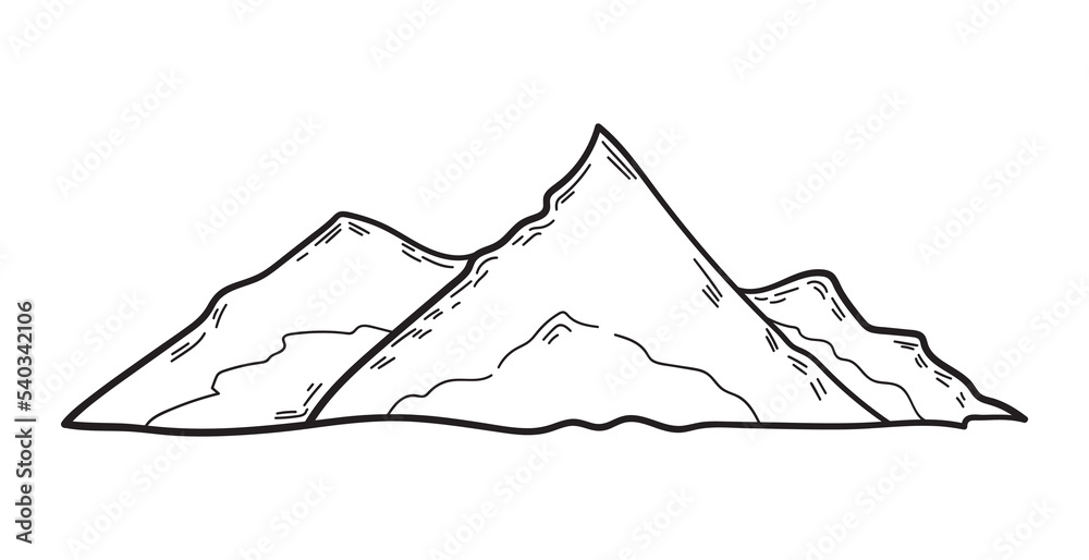 Line drawing of mountain range landscape. Hand drawn element in simple ...