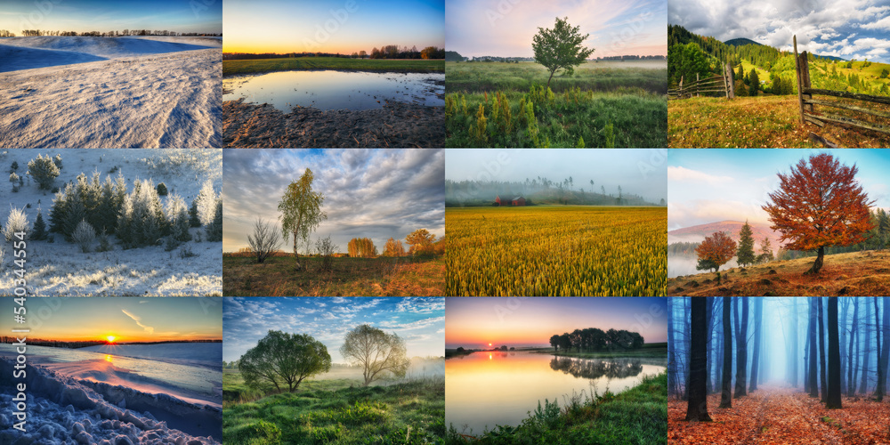 Twelve Colored Images of landscape For Calendar. four seasons: winter ...