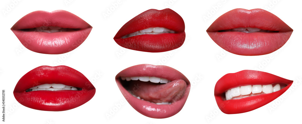 Attractive lips with beautiful lipsticks isolated on white, collage ...