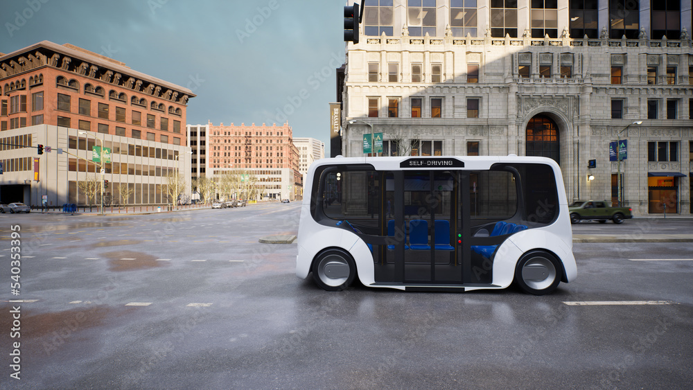 Autonomous electric bus self driving on street, Smart vehicle ...