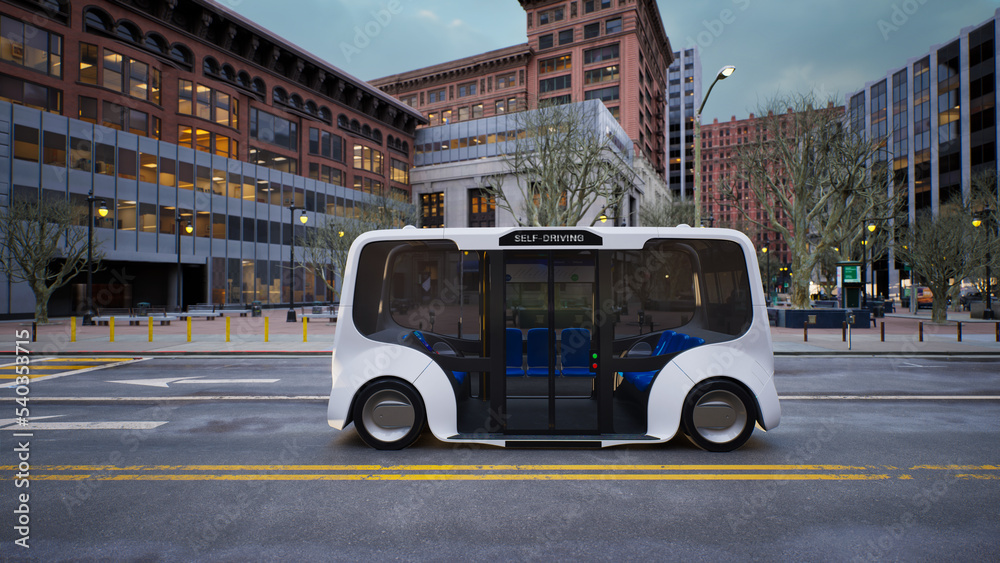 Autonomous electric bus self driving on street, Smart vehicle ...