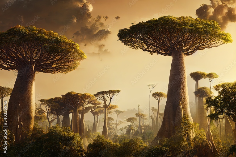 Fantasy concept showing a Madagascar Fat ol baobab trees. digital art style, illustration ...
