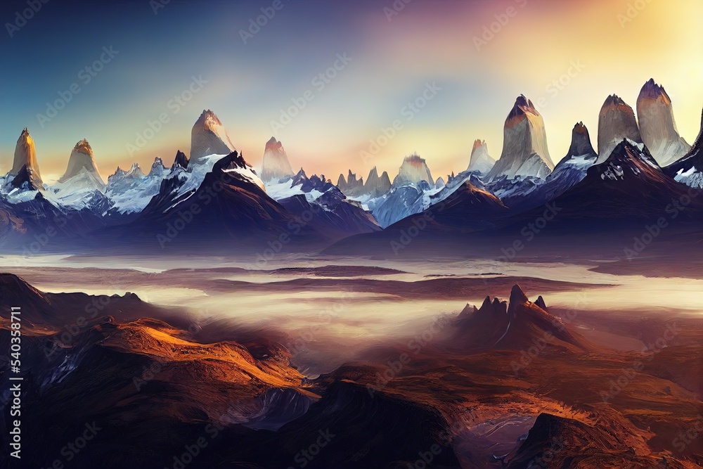 Fantasy concept showing a Torres del Paine, Chile Strange cliffs and a ...