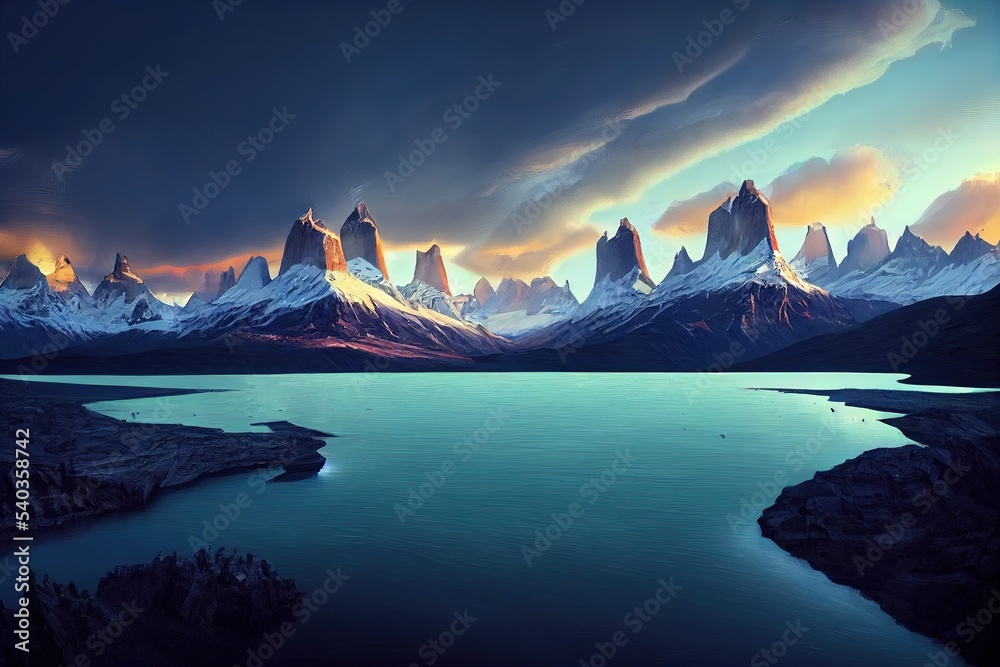 Fantasy concept showing a Torres del Paine, Chile Strange cliffs and a ...