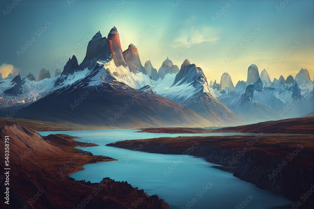 Fantasy concept showing a Torres del Paine, Chile Strange cliffs and a ...