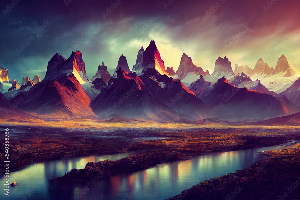 Fantasy concept showing a Torres del Paine, Chile Strange cliffs and a ...