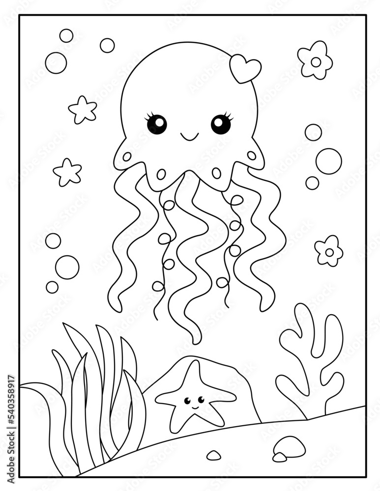 Cute jellyfish coloring page for kids Stock Vector | Adobe Stock
