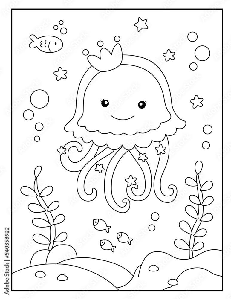 Cute jellyfish coloring page for kids Stock Vector | Adobe Stock