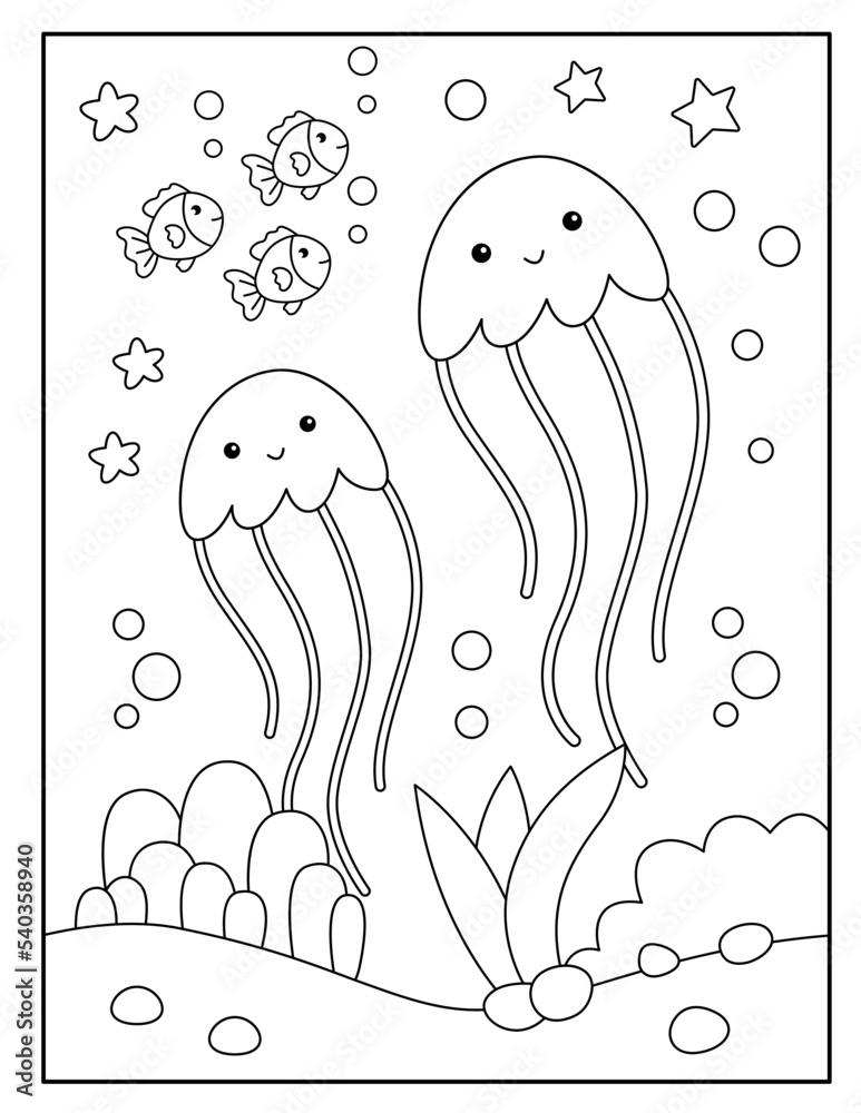 Cute jellyfish coloring page for kids Stock Vector | Adobe Stock