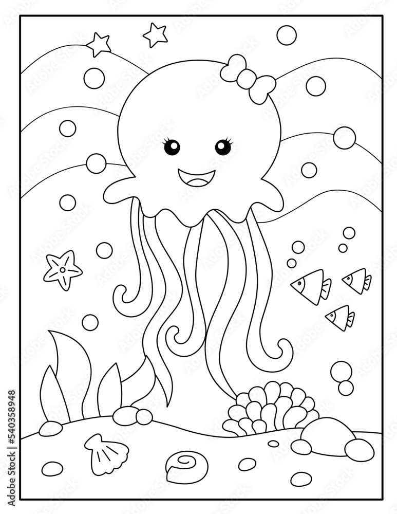 Cute jellyfish coloring page for kids Stock Vector | Adobe Stock