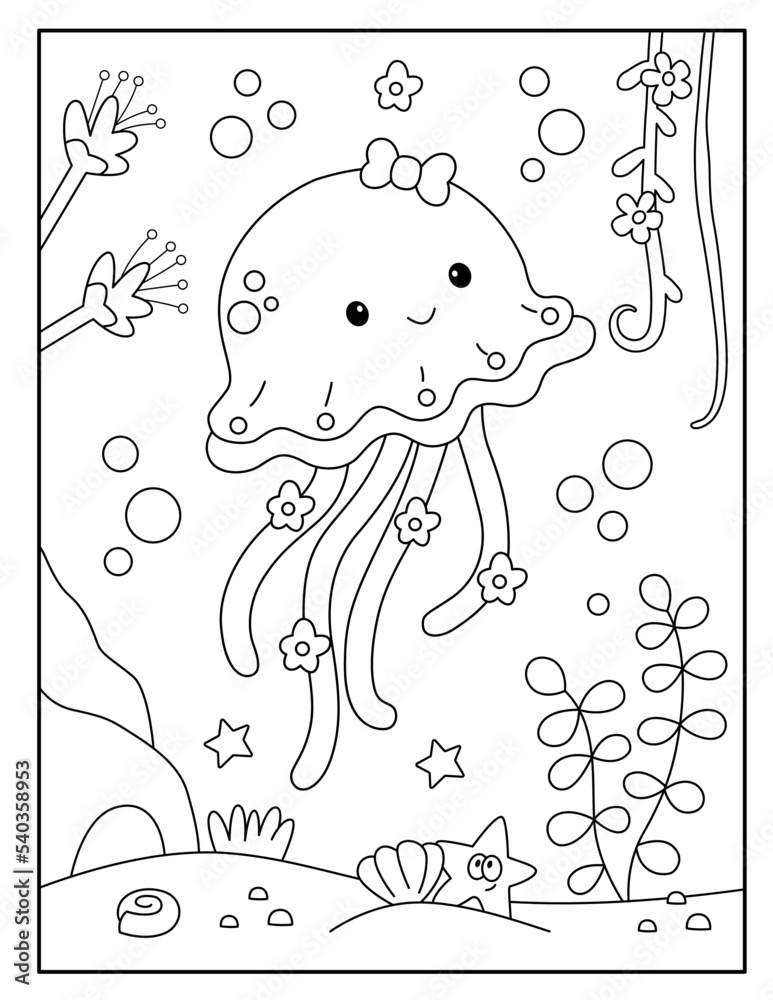 Cute jellyfish coloring page for kids Stock Vector | Adobe Stock