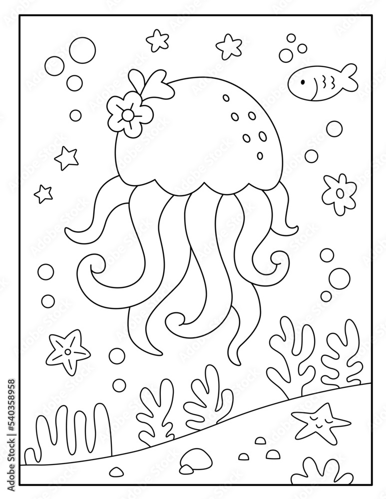 Cute jellyfish coloring page for kids Stock Vector | Adobe Stock