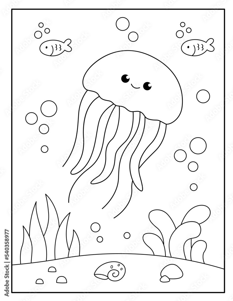 Cute jellyfish coloring page for kids Stock Vector | Adobe Stock