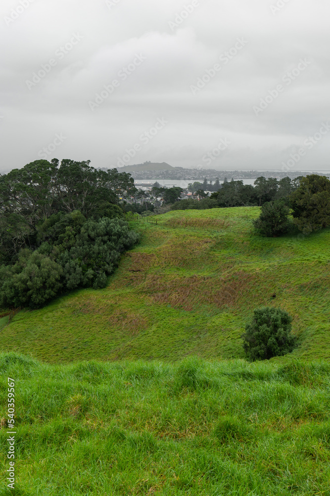 Grass landscape and cloudy sky view from One Tree Hill, Auckland, New ...