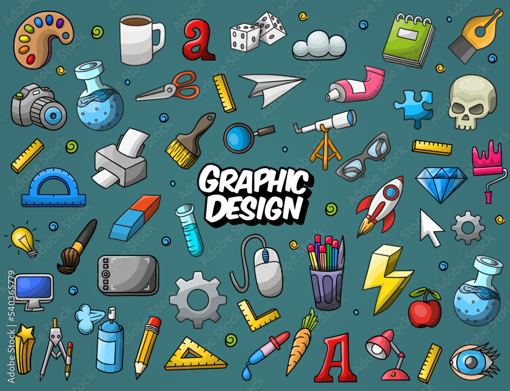 Colorful vector hand drawn doodle cartoon set of graphic design theme ...
