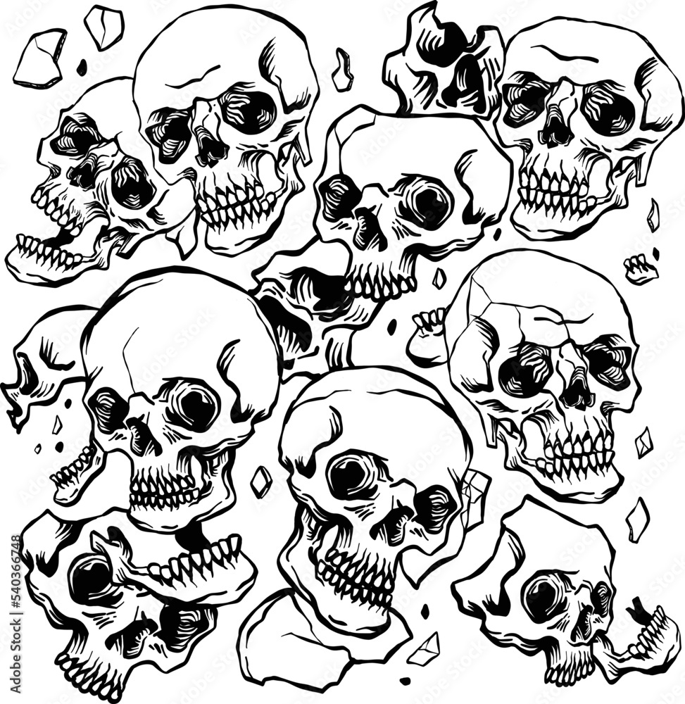 Falling human skulls skeletons comic art tattoo vintage style ...