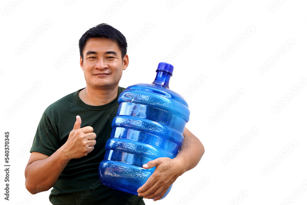 Handsome Asian water delivery courier man is holding a bottle . Thumbs ...
