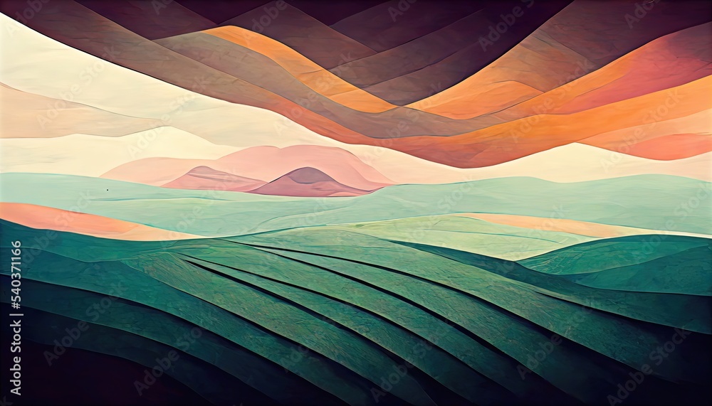 Symmetrical mountain ranges of orange and blue-green heaven and earth ...