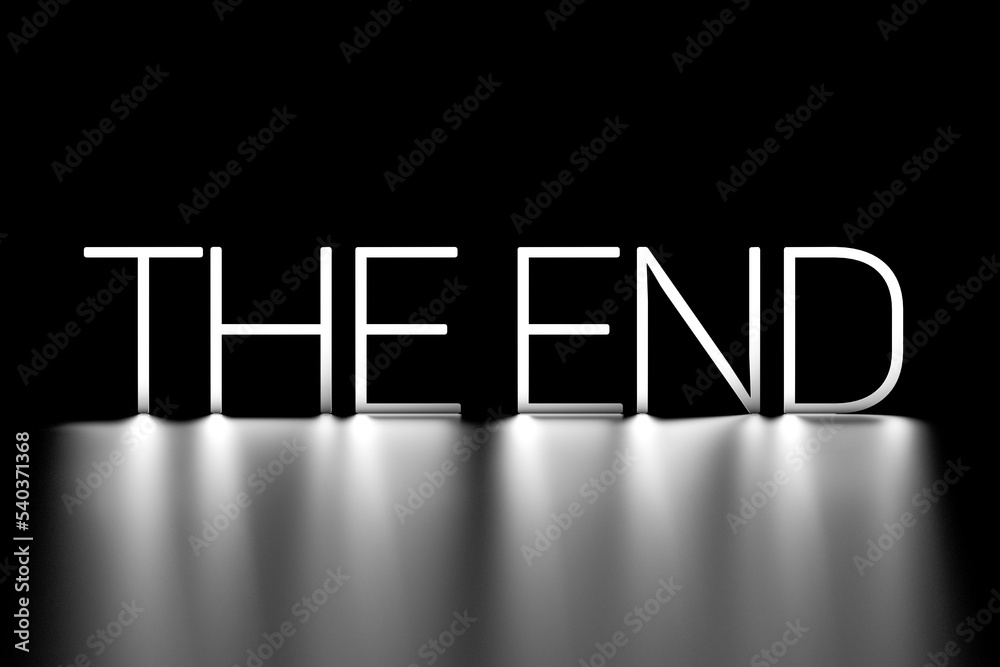 Word END.White neon THE END concept on black background with reflection ...
