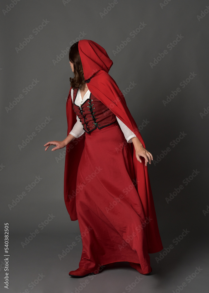 Full length portrait of woman wearing red medieval fantasy costume ...