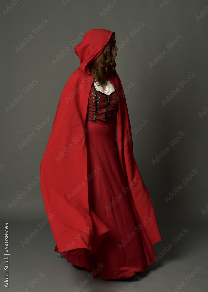 Full length portrait of woman wearing red medieval fantasy costume ...