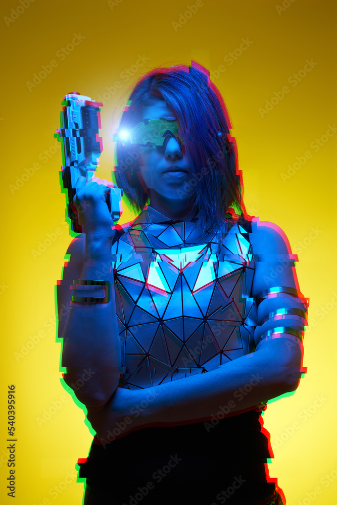 Girl with blaster in the futuristic battle. Image with glitch effect ...