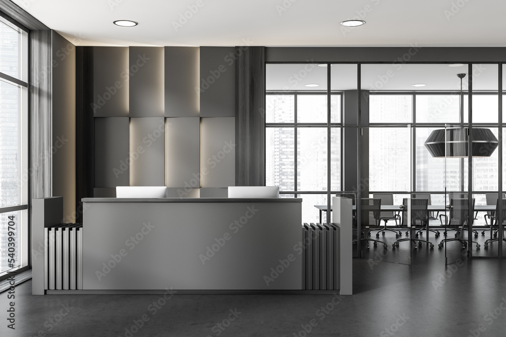Dark reception interior desk with conference room and panoramic window ...