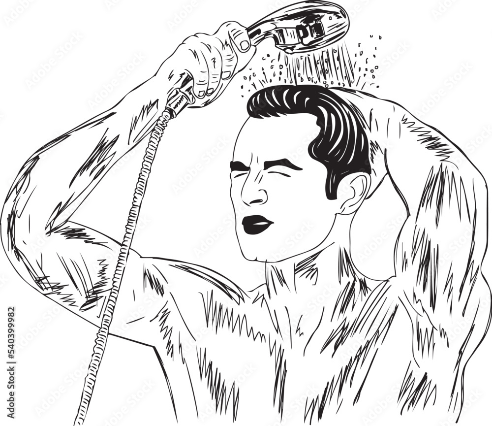 Man taking shower in bathroom outline vector illustration, Morning ...