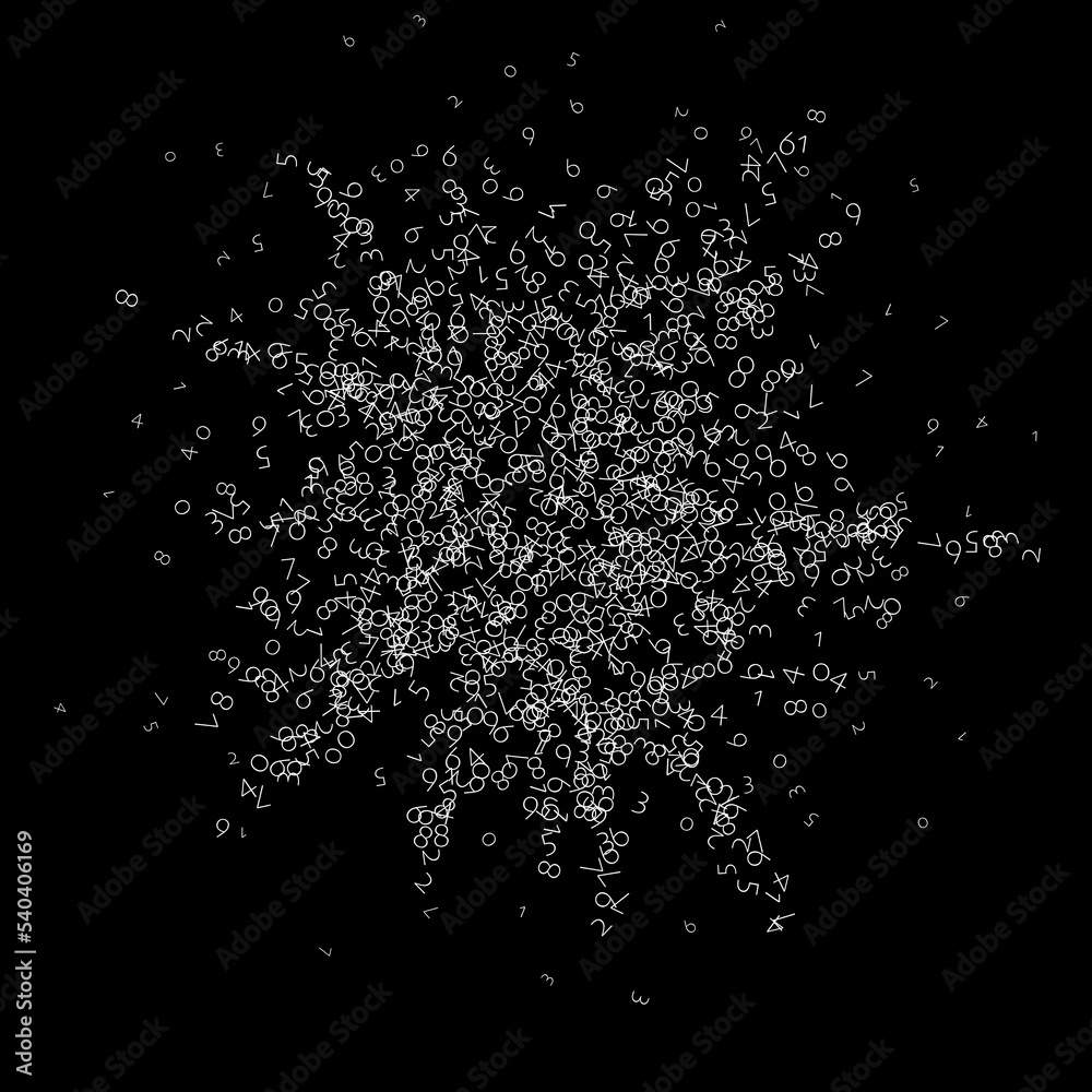 Falling numbers, big data concept. Binary white chaotic flying digits. Tempting futuristic ...