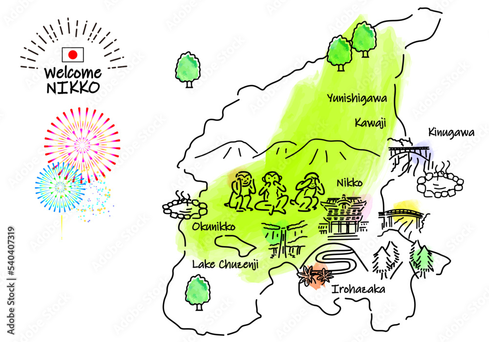 Vecteur Stock 手書きの日光の観光地のシンプル線画イラストマップ | Adobe Stock