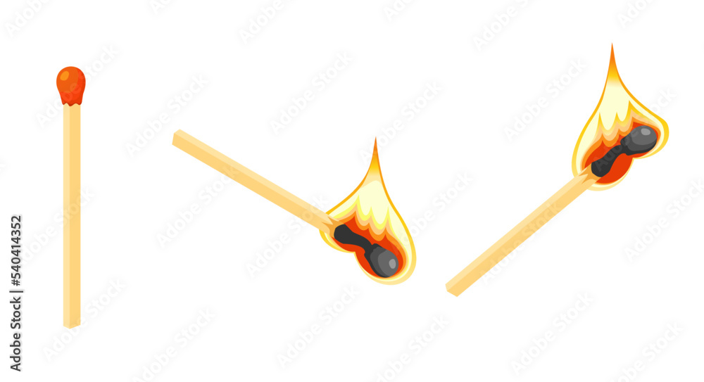 Match with fire. Burning match. Danger symbol and flammable object ...