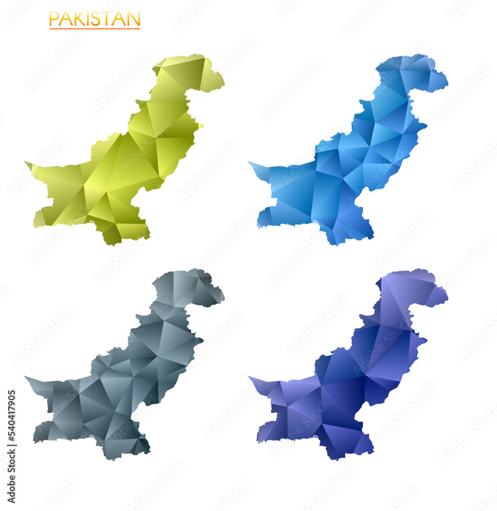 Set of vector polygonal maps of Pakistan. Bright gradient map of ...
