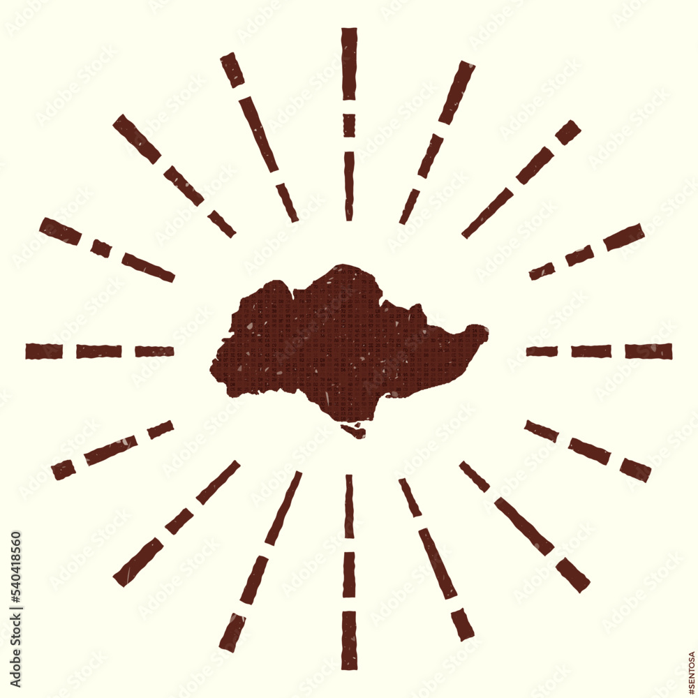 Sentosa Logo. Grunge sunburst poster with map of the island. Shape of ...