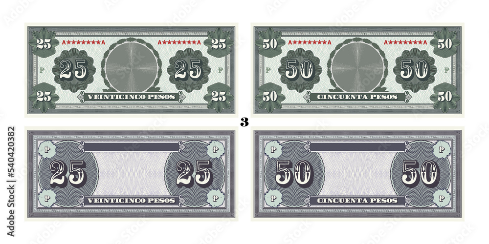 Vector set of obverse and reverse, paper gaming banknotes. Twenty five ...