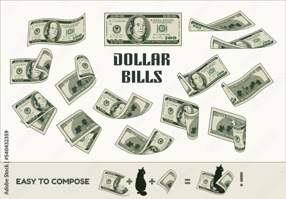 Set of 100 dollar bills with front and reverse side. Bent, folded ...