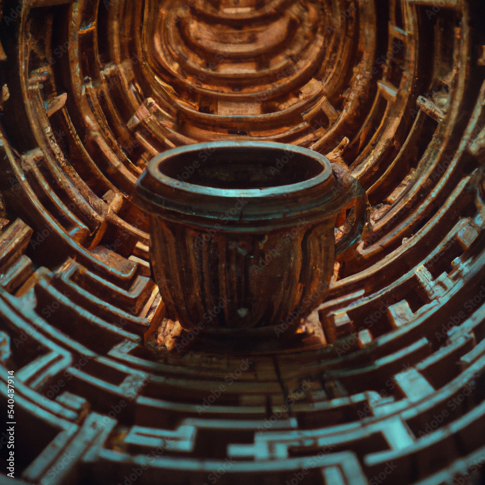 Digital illustration of ancient magical cup of tea coffee surrounded ...