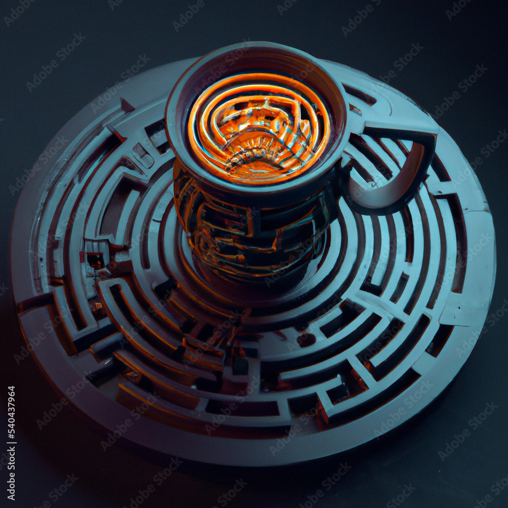 Digital illustration of ancient magical cup of tea coffee surrounded ...