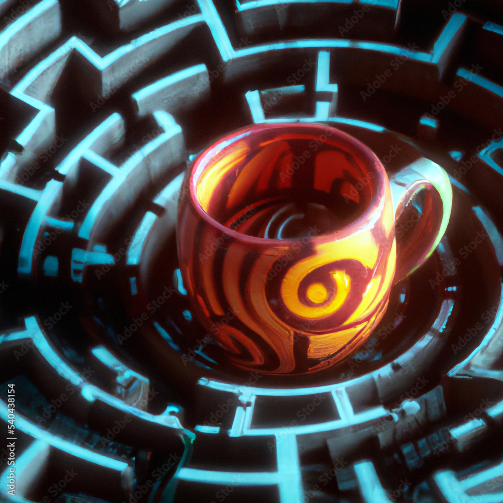 Digital illustration of ancient magical cup of tea coffee surrounded ...