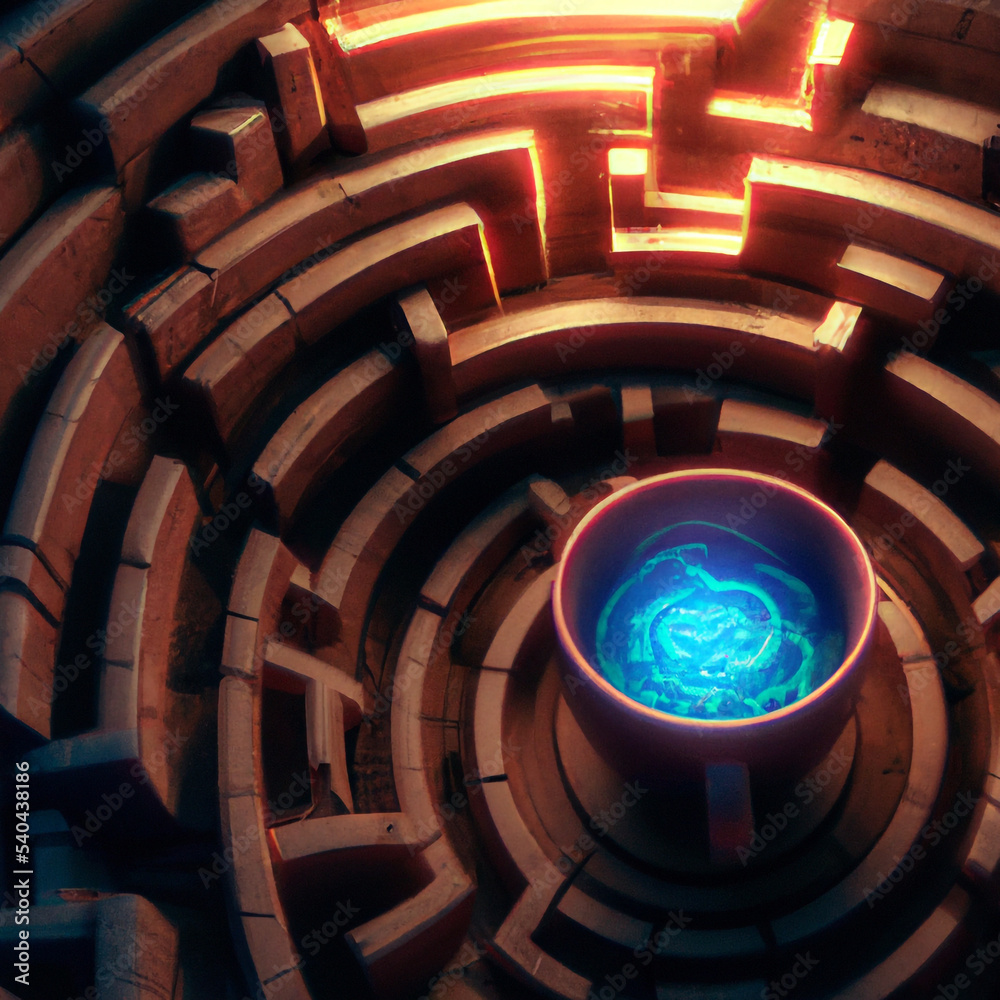 Digital illustration of ancient magical cup of tea coffee surrounded ...