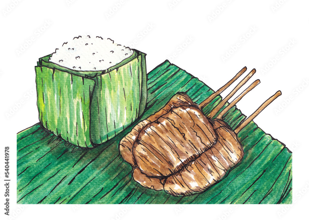 grilled pork sticky rice in a banana leaf dish thailand. street food ...