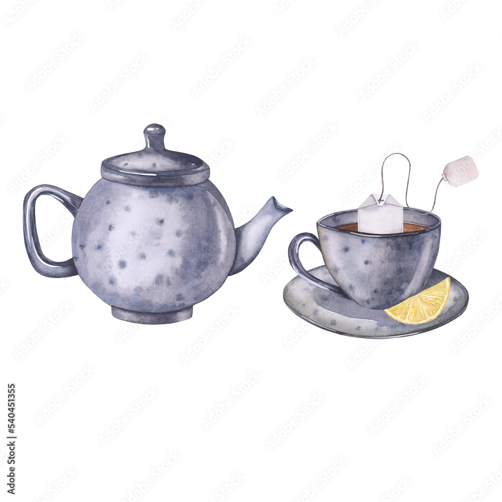Watercolor illustration tea set with lemon. Hand painted card isolated ...